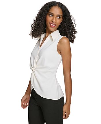 Calvin Klein Petite Scuba Crepe Collared Twist-Front Top - Macy's
