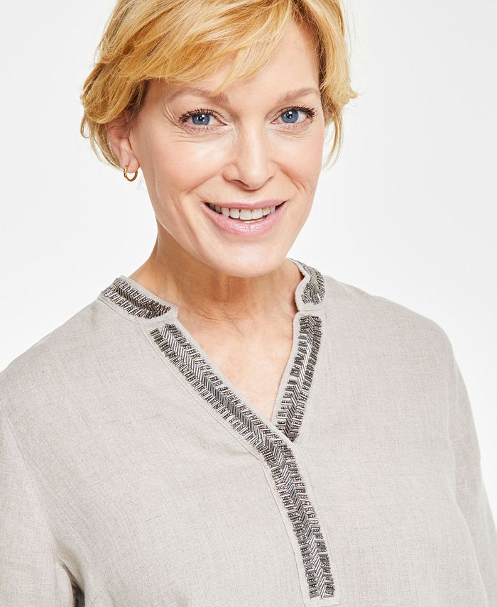 Charter Club Women's 100% Linen Embellished Split-Neck Tunic, Created ...