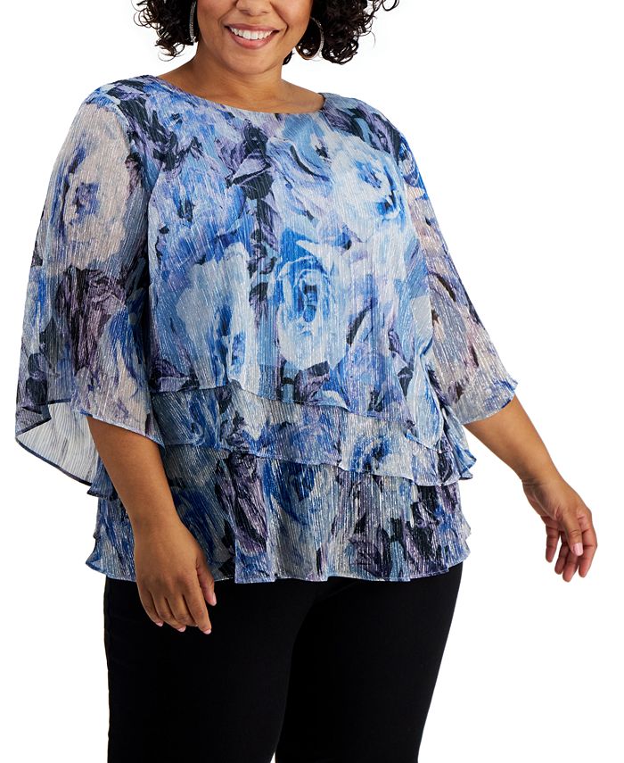 Alex Evenings Plus Size 3/4-Sleeve Tiered-Hem Top - Macy's