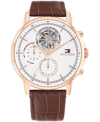 Tommy Hilfiger Men's Multifunction Brown Leather Watch 44mm - Macy's