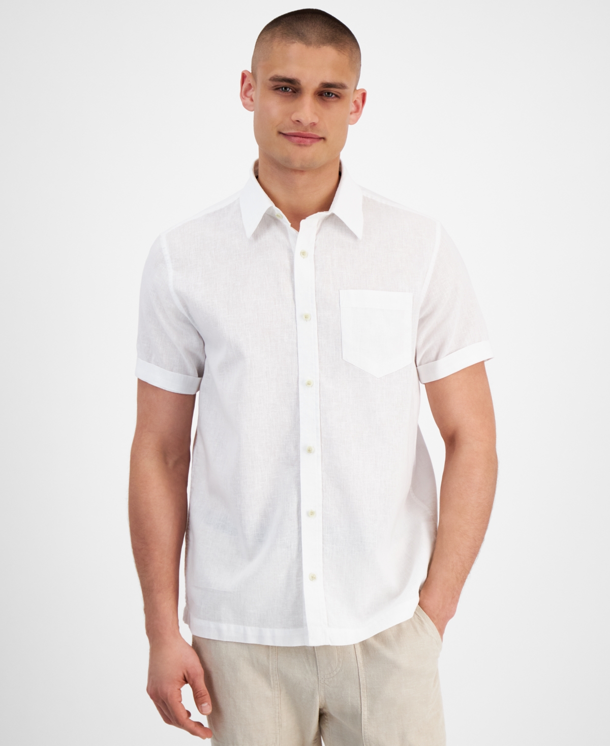Click here for Sun + Stone Mens Blake Linen Chambray Short Sleeve... prices