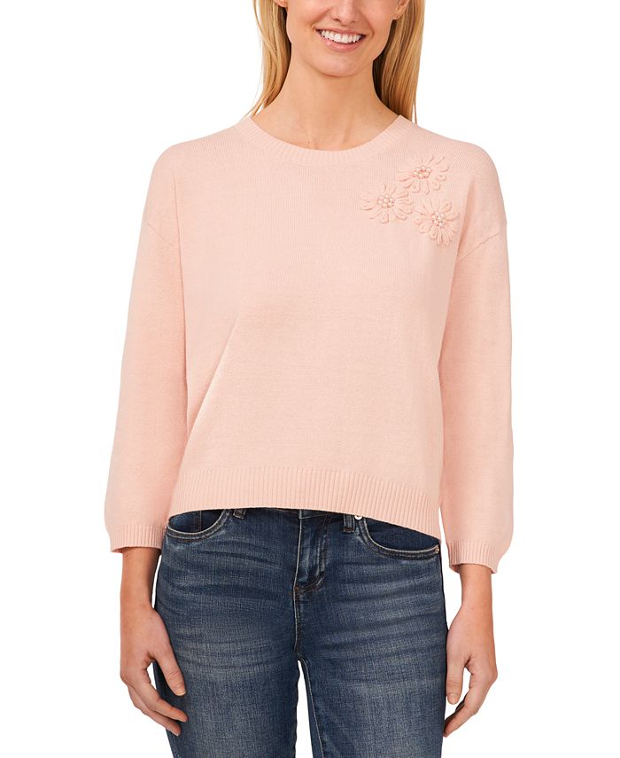 CeCe Women's Embellished Embroidered 3/4-Sleeve Sweater - Macy's