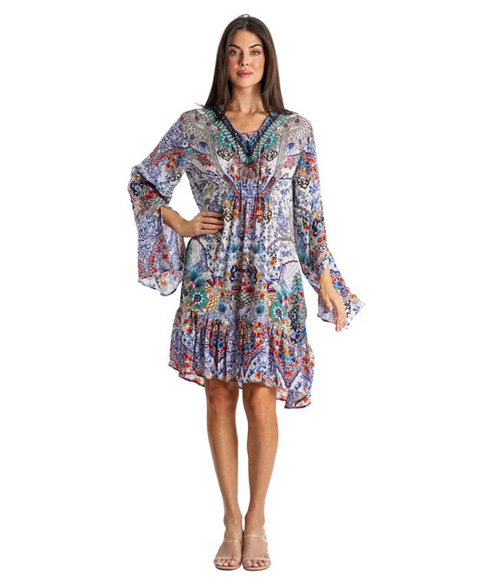 La Moda Clothing Women's Short long bell sleeves dress - Macy's
