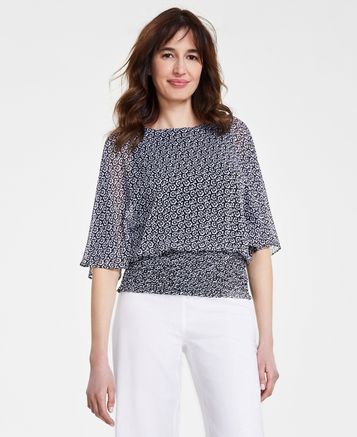 Click here for Sam & Jess Womens Round-Neck 3/4-Sleeve Smocked-Wa... prices