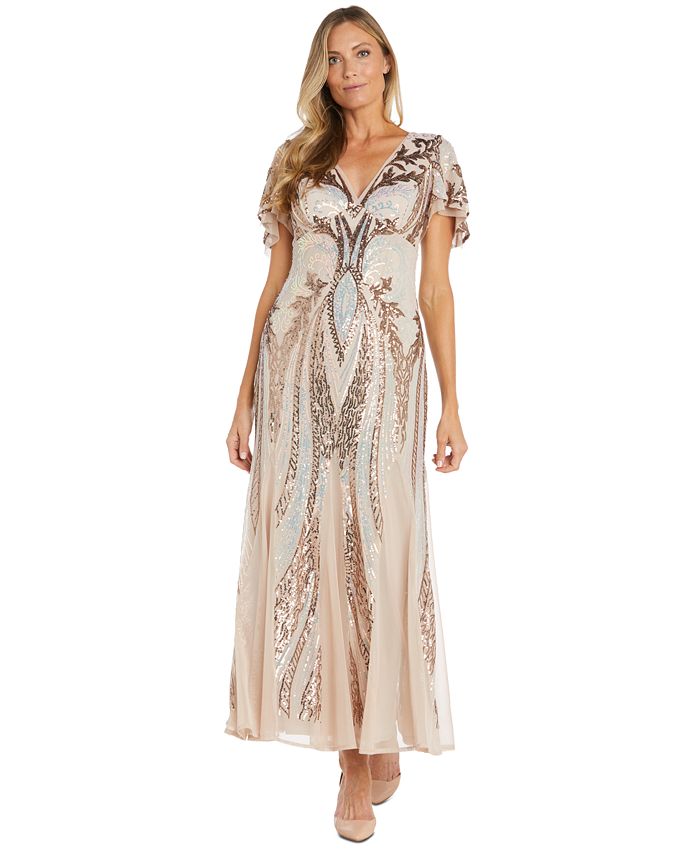 R And M Richards Womens Sequin Embellished Flutter Sleeve V Neck Gown