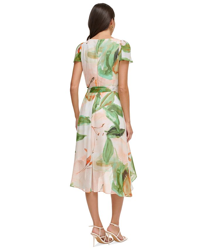 DKNY Petite Flutter-Sleeve Faux-Wrap Midi Dress - Macy's