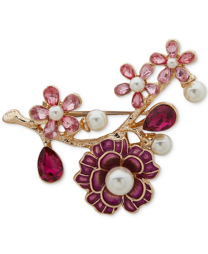Anne Klein Gold-Tone Pavé Crystal & Imitation Pearl Flower Branch Pin ...