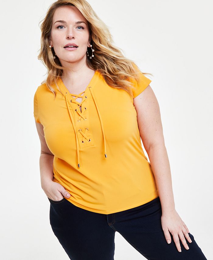 I N C International Concepts Plus Size Lace Up Neck Short Sleeve Top