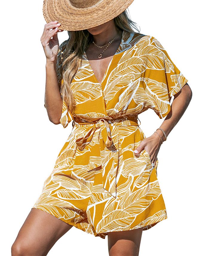 CUPSHE Women's Yellow Palm Leaf Tie Waist Romper - Macy's