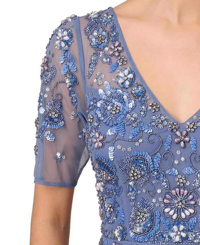 Adrianna Papell Women's V-Neck Beaded Short-Sleeve Mesh Gown - Macy's