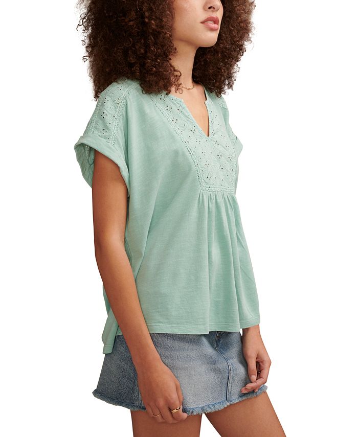 Lucky Brand Women's Eyelet-Trim Split-Neck T-Shirt - Macy's