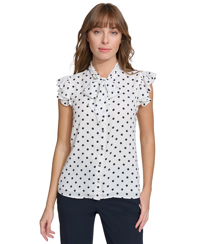 Tommy Hilfiger Womens Sleeveless Tie Neck Ruffle Top Macys
