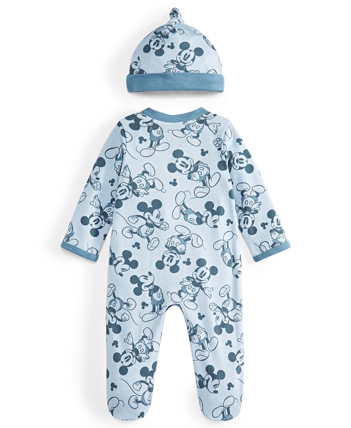 Disney Baby Mickey Mouse Hooray Footed Coverall & Hat, 2 Piece Set - Macy's