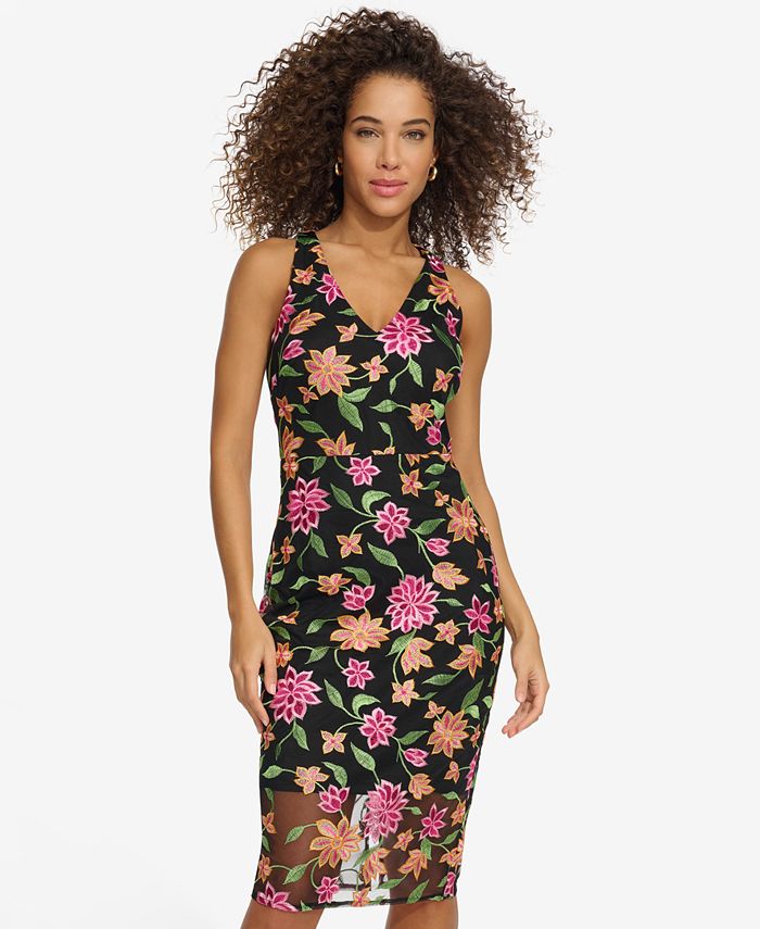 Siena Women's Embroidered-Mesh V-Neck Sheath Dress - Macy's