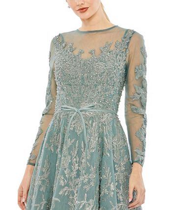 Mac Duggal Women's Embellished Bow Belt Illusion Long Sleeve A Line Dress - Macy's