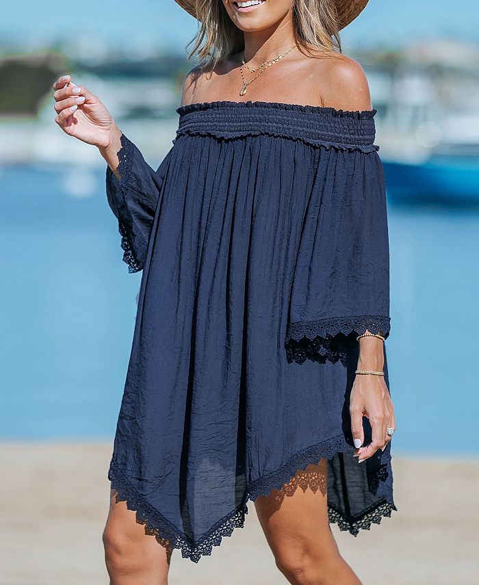 CUPSHE Women's Navy Off Shoulder Asymmetrical Hem Cover-Up Beach Dress ...