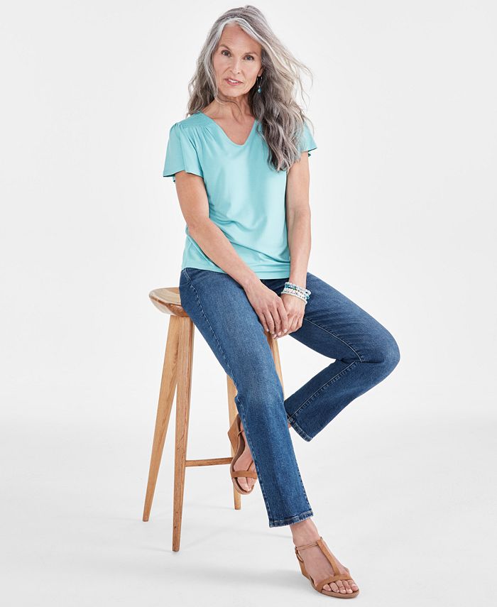 Style And Co Womens Smocked Flutter Sleeve V Neck Knit Top Created For