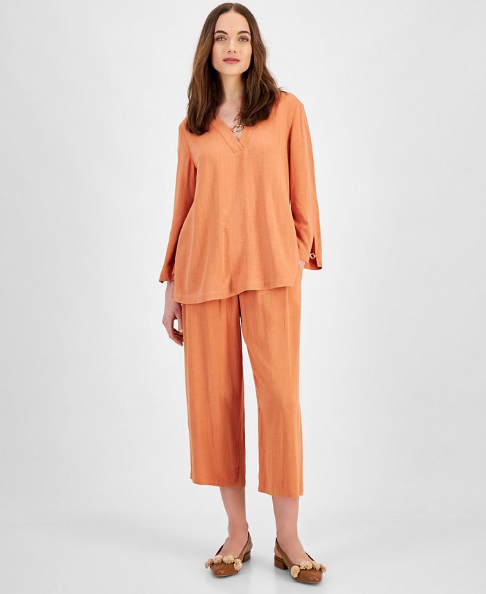 JM Collection Linen Blend Split-Cuff Top & Smocked-Waist Pants, Created for Macy's - Macy's