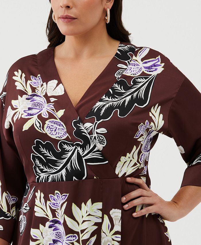 ELLA Rafaella Plus Size Floral Print Faux Wrap 3/4 Sleeve Midi Dress ...