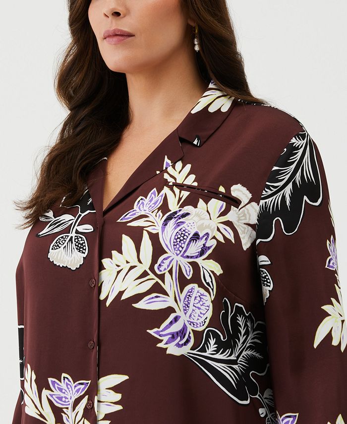 ELLA Rafaella Plus Size Floral Print Long Sleeve Shirt with Piping - Macy's