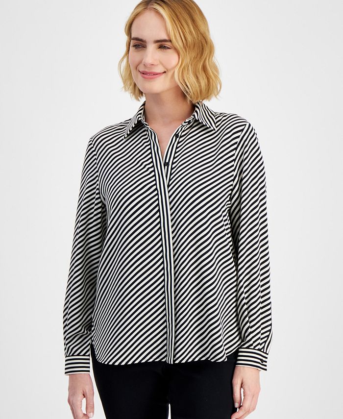 Anne Klein Petite Striped Covered-Placket Long-Sleeve Top - Macy's
