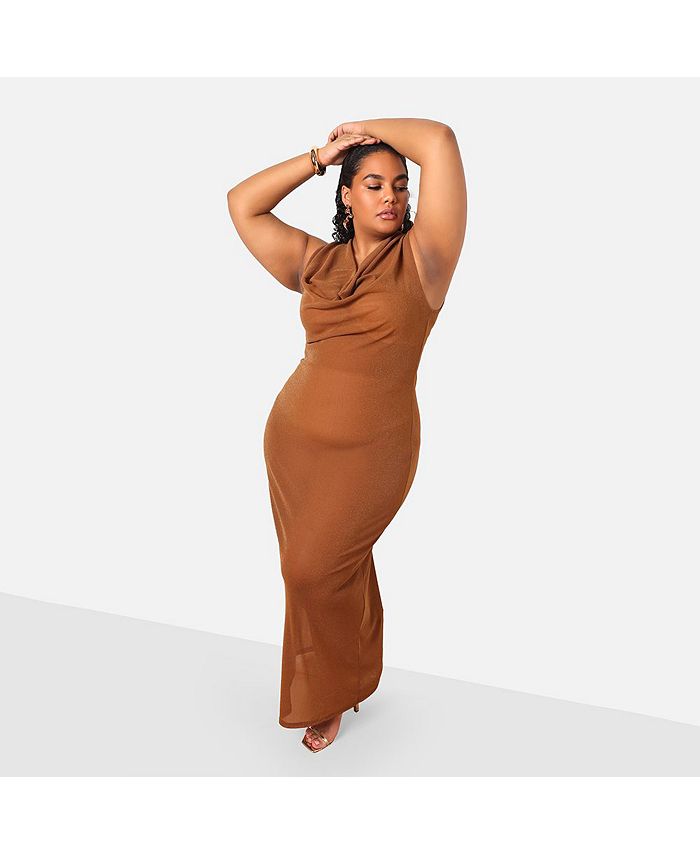 Rebdolls Plus Size Samira Sheer Glitter Mesh Cowl Neck Maxi Bodycon ...