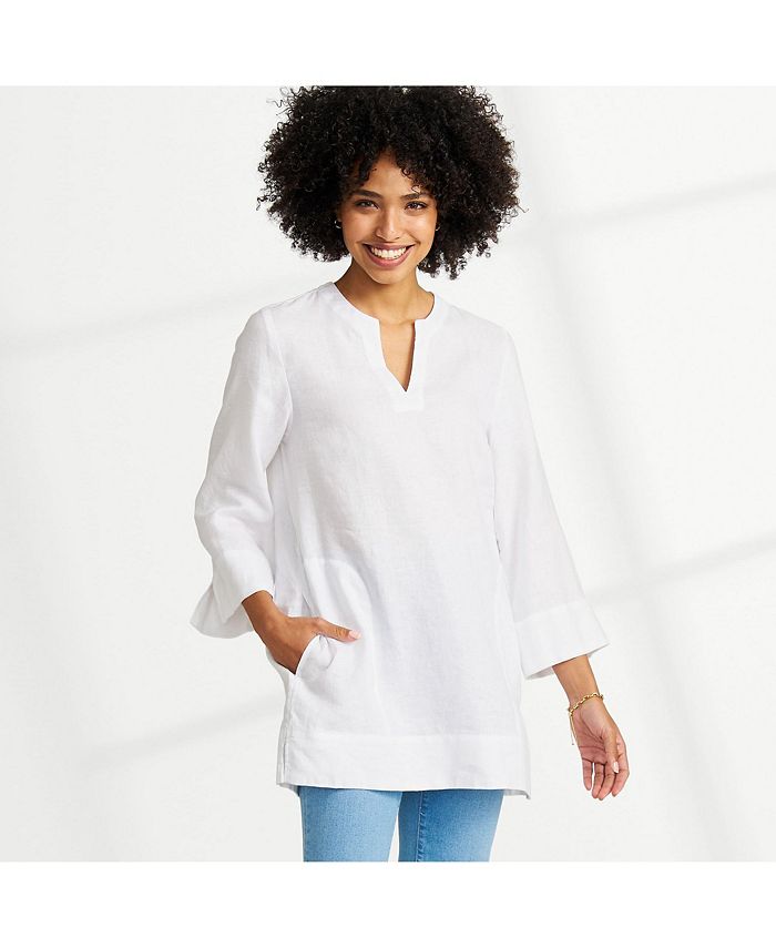 Lands' End Women's Linen Split Neck Tunic Top - Macy's