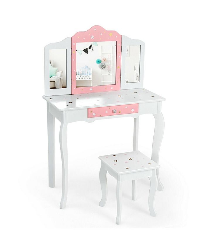 Slickblue Kids Princess Vanity Table and Stool Set with Tri-folding ...