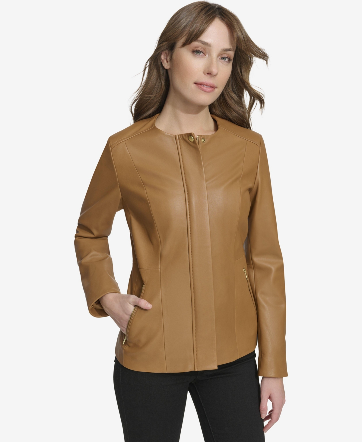 Click here for Cole Haan Womens Collarless Leather Jacket - Hazel... prices