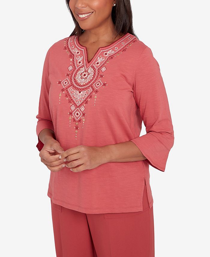 Alfred Dunner Sedona Sky Women's Split Neck Floral Embroidered Top - Macy's