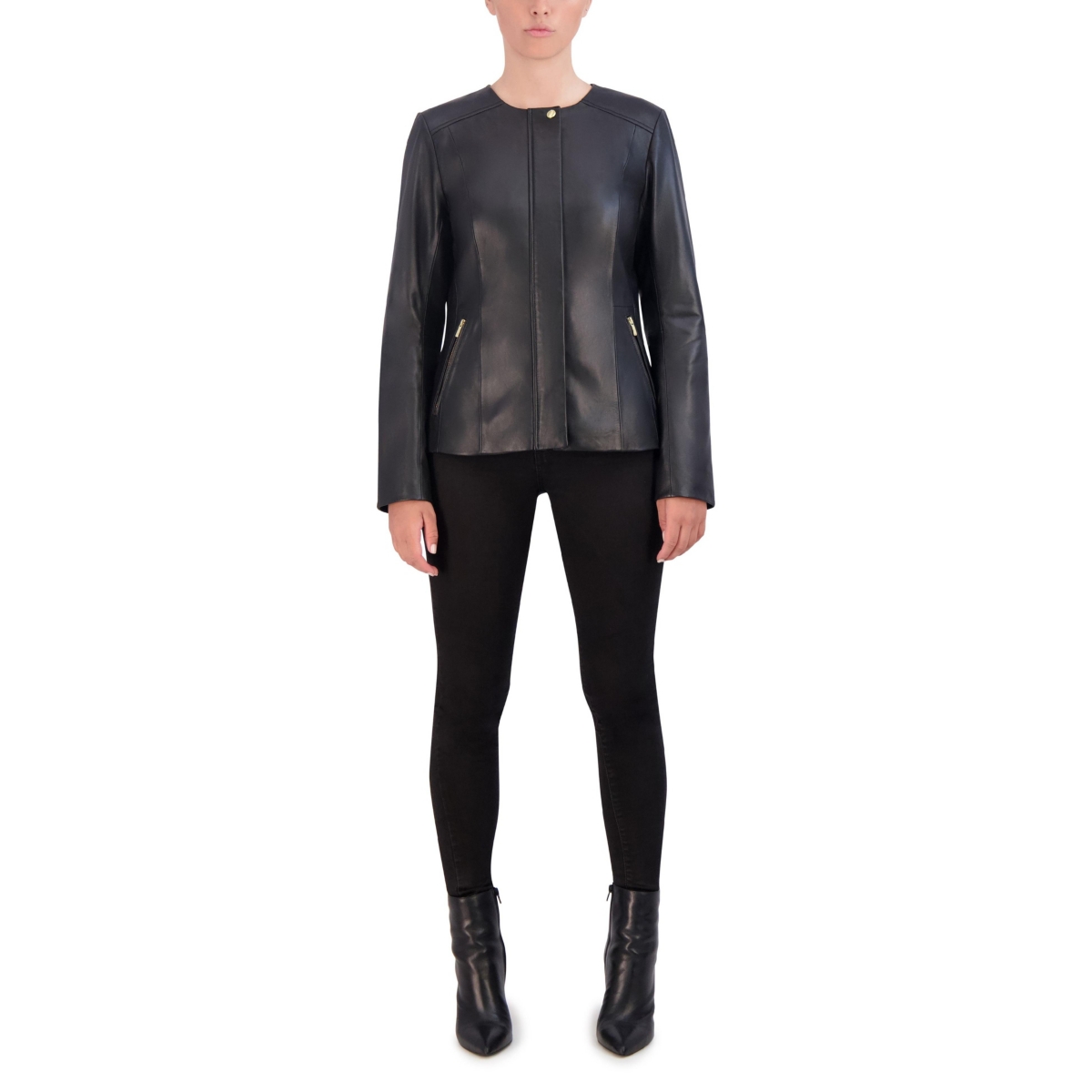 Click here for Cole Haan Womens Collarless Leather Jacket - Black prices