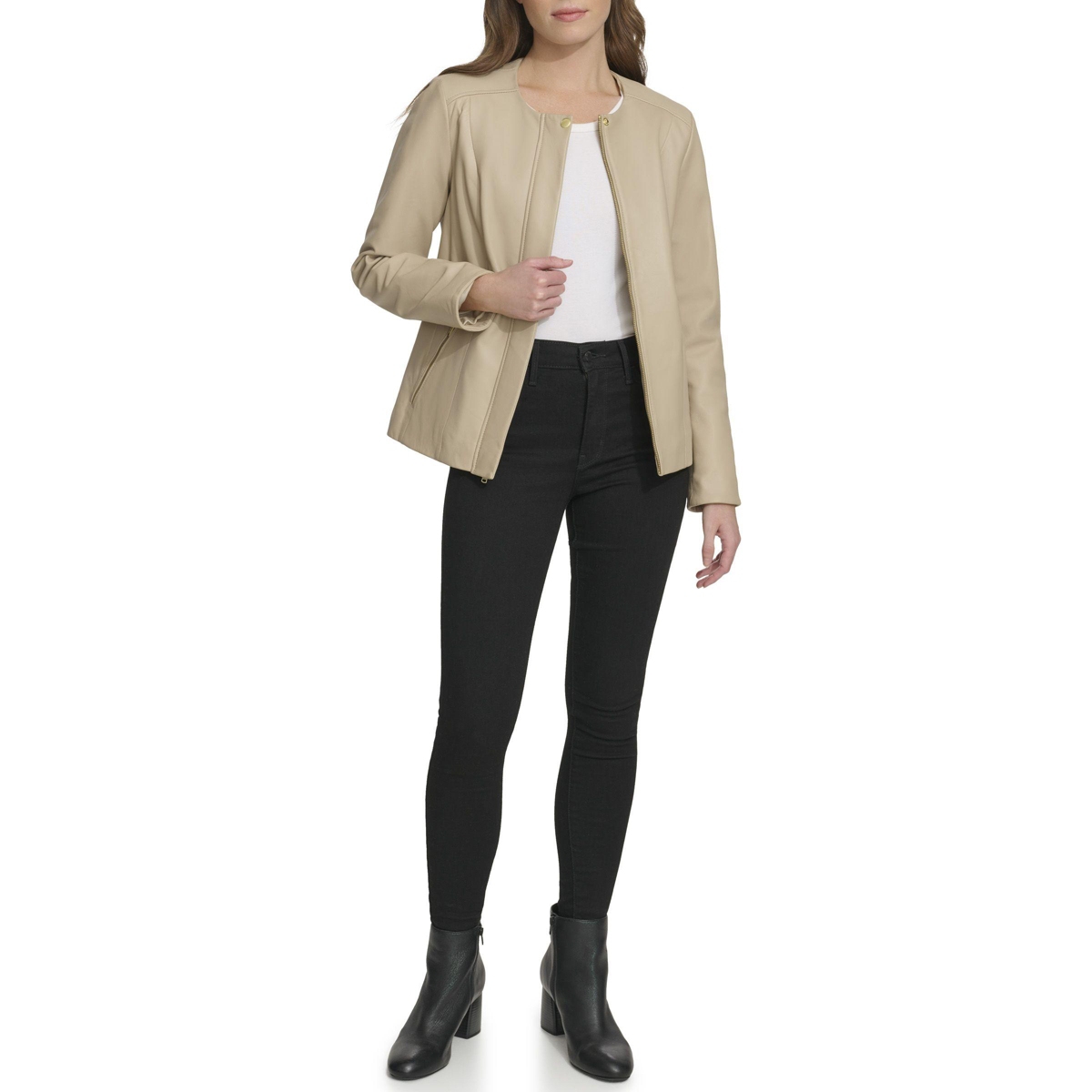 Click here for Cole Haan Womens Collarless Leather Jacket - Cream prices
