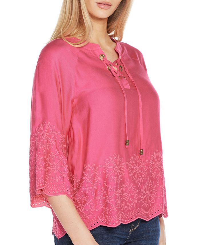 Belldini Women's Raglan 3/4-Sleeve Embroidered Top - Macy's