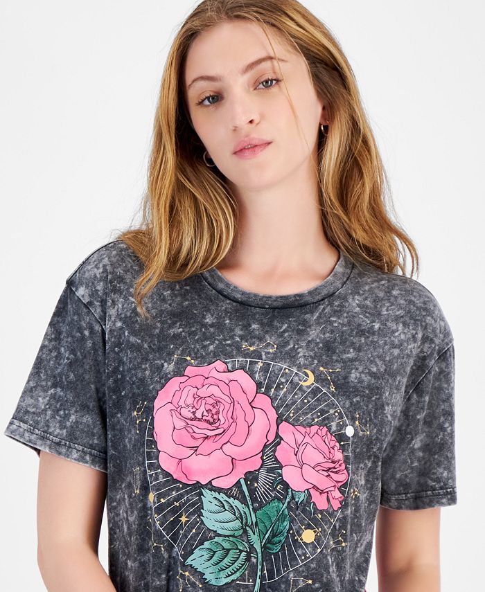 Rebellious One Juniors' Celestial Rose-Graphic Crewneck T-Shirt - Macy's