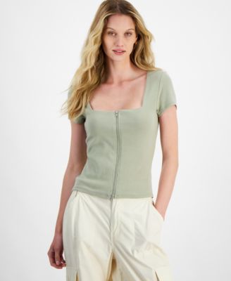 Madden Girl Juniors' Square-Neck Double-Zip Tee - Macy's