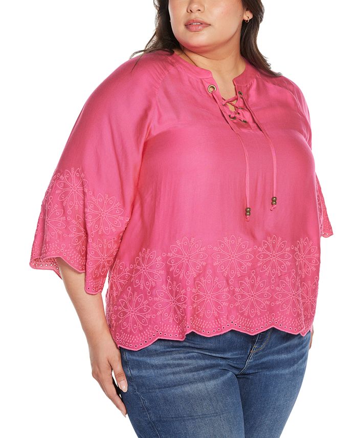 Belldini Black Label Plus Size Raglan 3/4-Sleeve Embroidered Top - Macy's