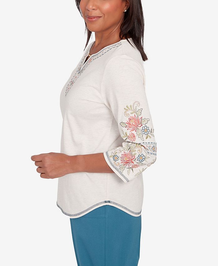 Alfred Dunner Petite Sedona Sky Split Neck Embroidered Top - Macy's