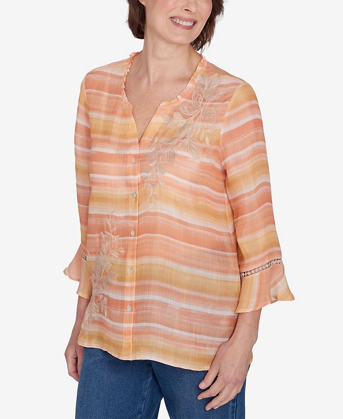 Alfred Dunner Petite Scottsdale Warm Stripe Floral Embroidered Top - Macy's
