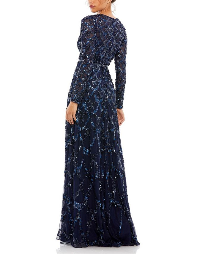 Mac Duggal Women's Embellished Illusion High Neck Long Sleeve A Line - Macy's