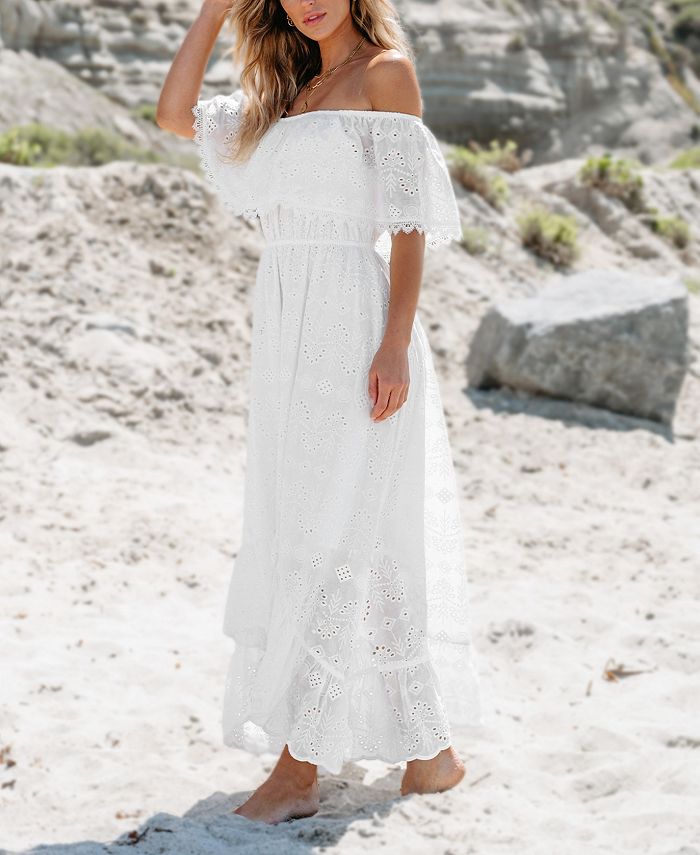 CUPSHE Women's White Eyelet Off-Shoulder Midi Beach Dress - Macy's