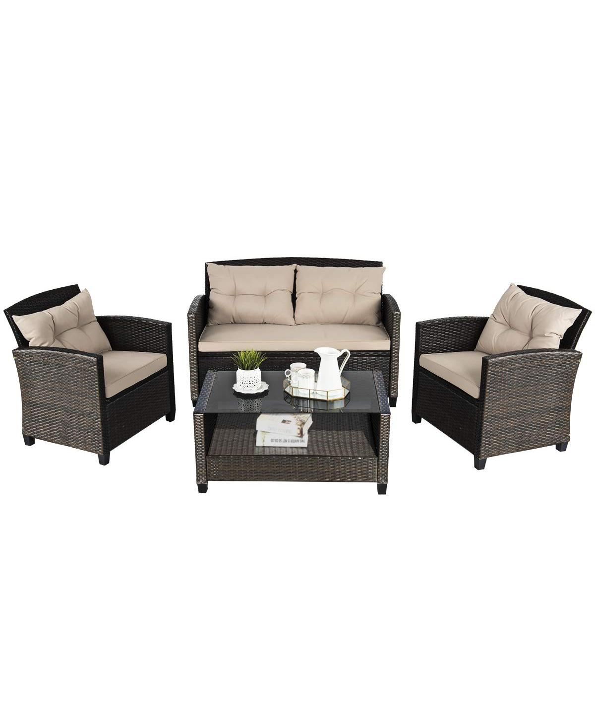 Click here for 4 Pieces Patio Rattan Conversation Furniture Set w... prices