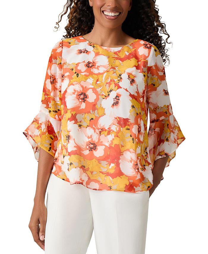 Kasper Petite Floral Print Crewneck Bell-Sleeve Top - Macy's