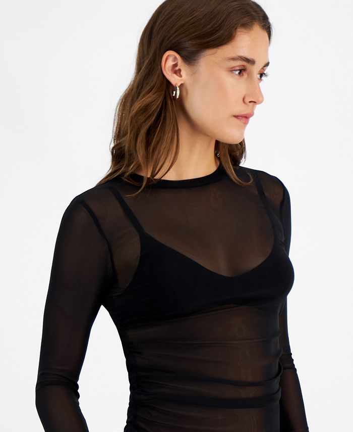 Just Polly Juniors' Side-Ruched Long-Sleeve Mesh Top - Macy's