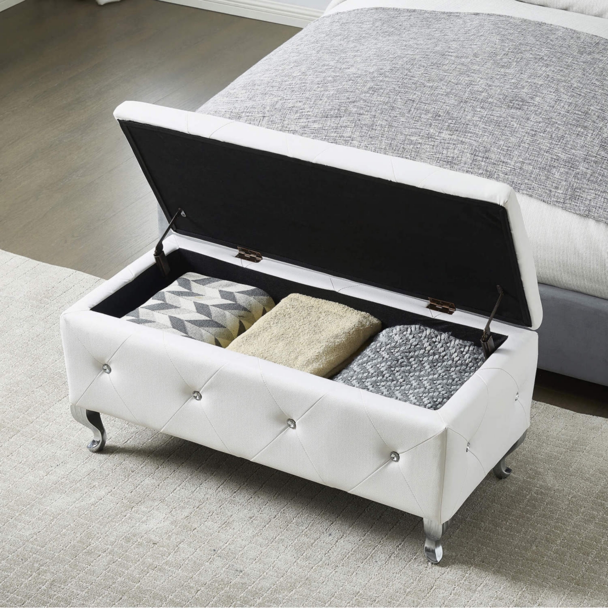 Click here for White Faux Leather Ottoman with Crystal Buttons -... prices