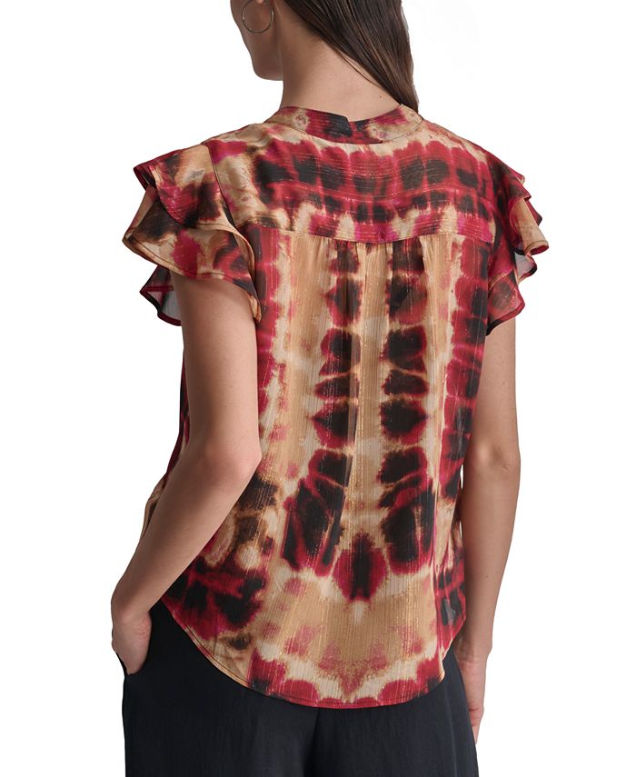 DKNY Women's Printed Double-Ruffle-Sleeve Split-Neck Chiffon Blouse ...