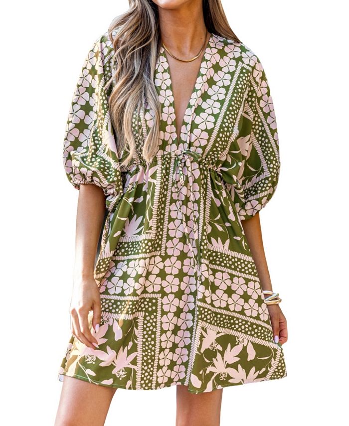 CUPSHE Women's Floral Plunging Blouson Sleeve Mini Beach Dress - Macy's