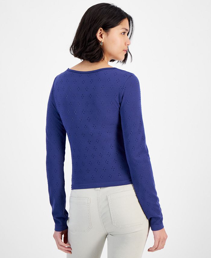 Sugar Moon Juniors' Lace-Trim V-Neck Pointelle Knit Top - Macy's