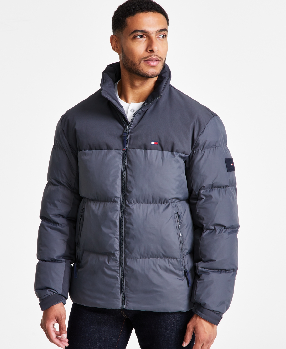Click here for Tommy Hilfiger Mens Mixed-Media Puffer Jacket - Ch... prices