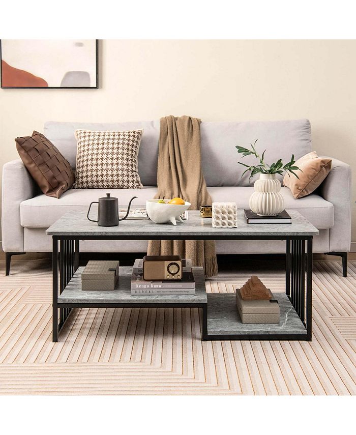 Costway Faux Marble Coffee Table Rectangular 2-Tier Center Table with Open Storage Shelf - Macy's