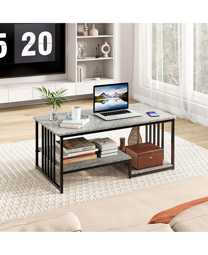 Costway Faux Marble Coffee Table Rectangular 2-Tier Center Table with Open Storage Shelf - Macy's